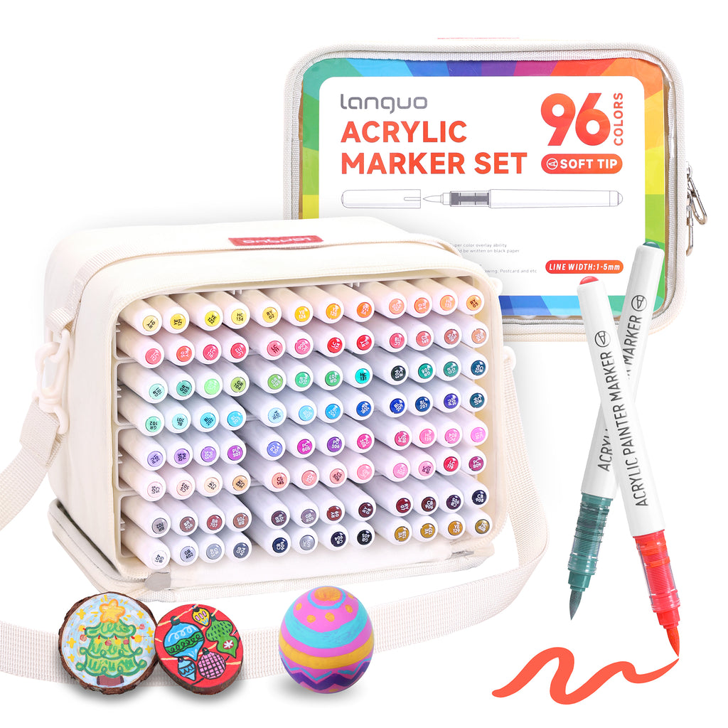 Languo 96 Colors Acrylic Paint Markers, Soft Brush Tip Marker Pens Set